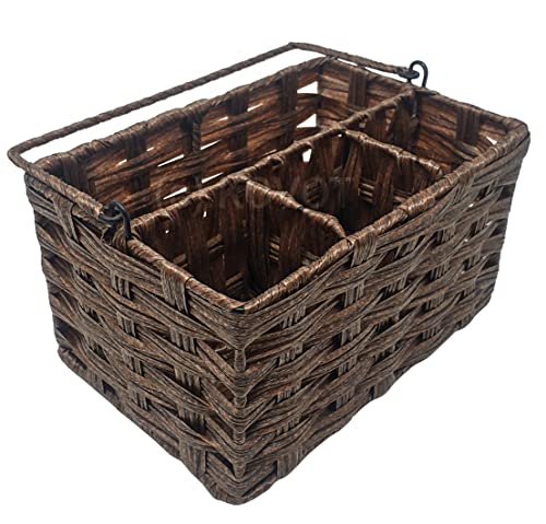 Kovot Poly-Wicker Woven Cutlery Storage Organizer Caddy Tote Bin Basket for Kitchen Table, Cabinet, Pantry, Indoor & Outdoor - Woven Polypropylene | Measures 9.5" x 6.5" x 5" (Dark Brown)