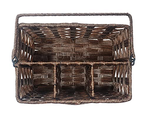 Kovot Poly-Wicker Woven Cutlery Storage Organizer Caddy Tote Bin Basket for Kitchen Table, Cabinet, Pantry, Indoor & Outdoor - Woven Polypropylene | Measures 9.5" x 6.5" x 5" (Dark Brown)