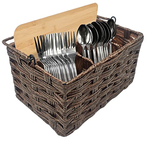 Kovot Poly-Wicker Woven Cutlery Storage Organizer Caddy Tote Bin Basket for Kitchen Table, Cabinet, Pantry, Indoor & Outdoor - Woven Polypropylene | Measures 9.5" x 6.5" x 5" (Dark Brown)