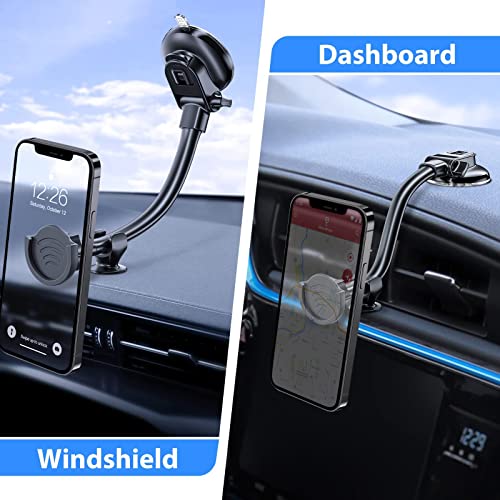 pop-tech Suction Cup Phone Mount for Socket User, Dashboard Car Phone Holder Cradle for Collapsible Grip with 7.5 Inch Long Arm Gooseneck & Anti-Shake Stabilizer Compatible with iPhone Samsung Galaxy