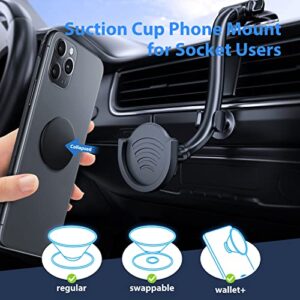 pop-tech Suction Cup Phone Mount for Socket User, Dashboard Car Phone Holder Cradle for Collapsible Grip with 7.5 Inch Long Arm Gooseneck & Anti-Shake Stabilizer Compatible with iPhone Samsung Galaxy