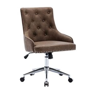 kcc office desk chair modern button tufted mid-back home office chair with nailhead trim, ergonomic height adjustable swivel armchair with wheels and metal base for study living room, brown pu