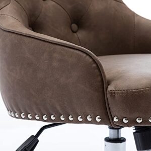 KCC Office Desk Chair Modern Button Tufted Mid-Back Home Office Chair with Nailhead Trim, Ergonomic Height Adjustable Swivel Armchair with Wheels and Metal Base for Study Living Room, Brown PU