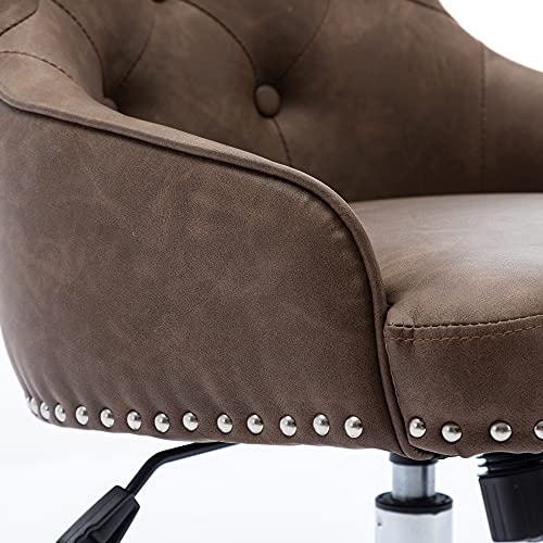 KCC Office Desk Chair Modern Button Tufted Mid-Back Home Office Chair with Nailhead Trim, Ergonomic Height Adjustable Swivel Armchair with Wheels and Metal Base for Study Living Room, Brown PU