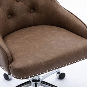 KCC Office Desk Chair Modern Button Tufted Mid-Back Home Office Chair with Nailhead Trim, Ergonomic Height Adjustable Swivel Armchair with Wheels and Metal Base for Study Living Room, Brown PU