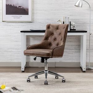 KCC Office Desk Chair Modern Button Tufted Mid-Back Home Office Chair with Nailhead Trim, Ergonomic Height Adjustable Swivel Armchair with Wheels and Metal Base for Study Living Room, Brown PU