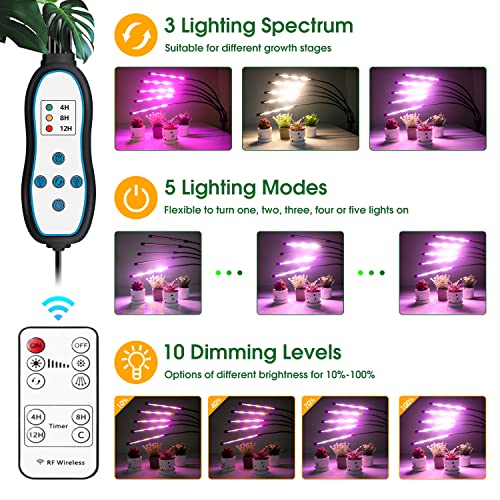 Wolezek Grow Lights for Indoor Plants, Upgraded [5-Heads] Full Spectrum Plant Lights with Stand, LED Plant Grow Lights Indoor with Auto 4/8/12H Timer, Dual Remote, Adjustable Tripod 15-61in