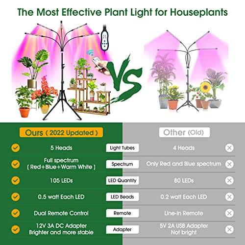 Wolezek Grow Lights for Indoor Plants, Upgraded [5-Heads] Full Spectrum Plant Lights with Stand, LED Plant Grow Lights Indoor with Auto 4/8/12H Timer, Dual Remote, Adjustable Tripod 15-61in