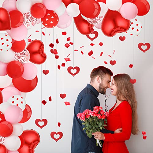 Auihiay 125 PCS Valentine's Day Balloon Arch with 500 Rose Petals, 100 Hanging Heart Garland, Red Heart Balloons, Pink White Red Balloons for Valentine's Day Anniversary Wedding Party Home Decorations