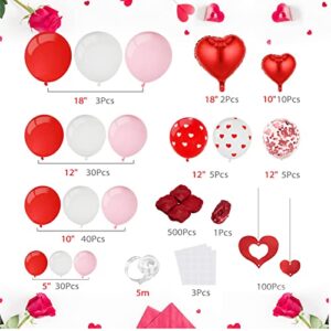 Auihiay 125 PCS Valentine's Day Balloon Arch with 500 Rose Petals, 100 Hanging Heart Garland, Red Heart Balloons, Pink White Red Balloons for Valentine's Day Anniversary Wedding Party Home Decorations