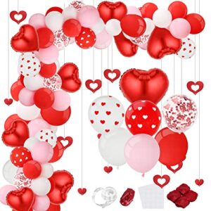 Auihiay 125 PCS Valentine's Day Balloon Arch with 500 Rose Petals, 100 Hanging Heart Garland, Red Heart Balloons, Pink White Red Balloons for Valentine's Day Anniversary Wedding Party Home Decorations