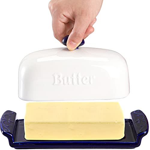 AVLA Ceramic Butter Dish with Lid, Porcelain Butter Keeper Container for Countertop, Counter, Butter Tray Holder For Butter Storage, Perfect for East and West Butter, Holds 1 Stick, Cobalt Blue