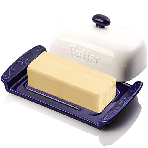 AVLA Ceramic Butter Dish with Lid, Porcelain Butter Keeper Container for Countertop, Counter, Butter Tray Holder For Butter Storage, Perfect for East and West Butter, Holds 1 Stick, Cobalt Blue