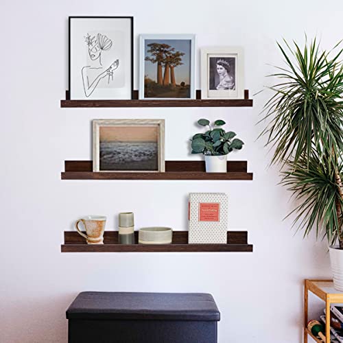 MBYD Floating Shelves 3 Same Dimensions, 24 Inch Deep Walnut Solid Wooden Shelves for Wall, Wall Mount Picture Ledge Wall Shelf for Home, Kitchen, Office, Living Room