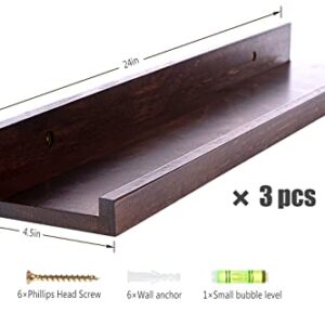 MBYD Floating Shelves 3 Same Dimensions, 24 Inch Deep Walnut Solid Wooden Shelves for Wall, Wall Mount Picture Ledge Wall Shelf for Home, Kitchen, Office, Living Room