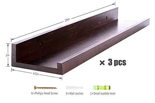 MBYD Floating Shelves 3 Same Dimensions, 24 Inch Deep Walnut Solid Wooden Shelves for Wall, Wall Mount Picture Ledge Wall Shelf for Home, Kitchen, Office, Living Room