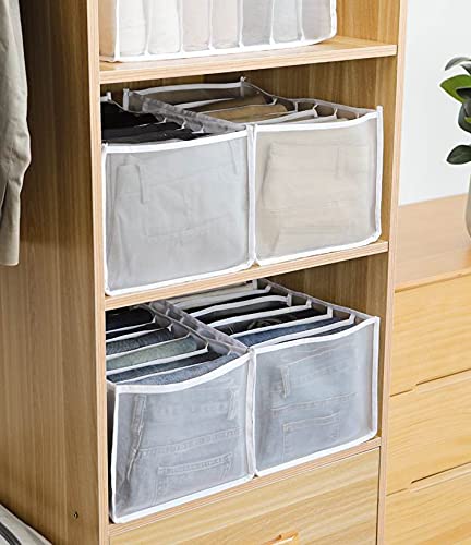 2PCS Clothes Organizer（7 Grids）Drawer Dividers for Clothes - Foldable Grid Storage Box with Multiple Layers, Portable Washable Storage Containers for Scarves, Leggings, T-shirts, Jeans (Jeans and Trousers with 7Grids, Gray)