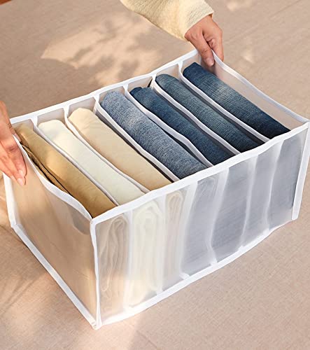 2PCS Clothes Organizer（7 Grids）Drawer Dividers for Clothes - Foldable Grid Storage Box with Multiple Layers, Portable Washable Storage Containers for Scarves, Leggings, T-shirts, Jeans (Jeans and Trousers with 7Grids, Gray)