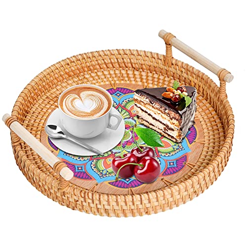 Elesunory Hand-Woven Rattan Serving Tray, Rattan Round Serving Tray with Handle, Coffee Tray Decor for Serving Coffee, Drinks, Bread, Fruit, Vegetables, Snacks