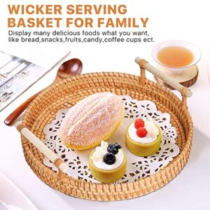 Elesunory Hand-Woven Rattan Serving Tray, Rattan Round Serving Tray with Handle, Coffee Tray Decor for Serving Coffee, Drinks, Bread, Fruit, Vegetables, Snacks