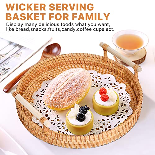 Elesunory Hand-Woven Rattan Serving Tray, Rattan Round Serving Tray with Handle, Coffee Tray Decor for Serving Coffee, Drinks, Bread, Fruit, Vegetables, Snacks