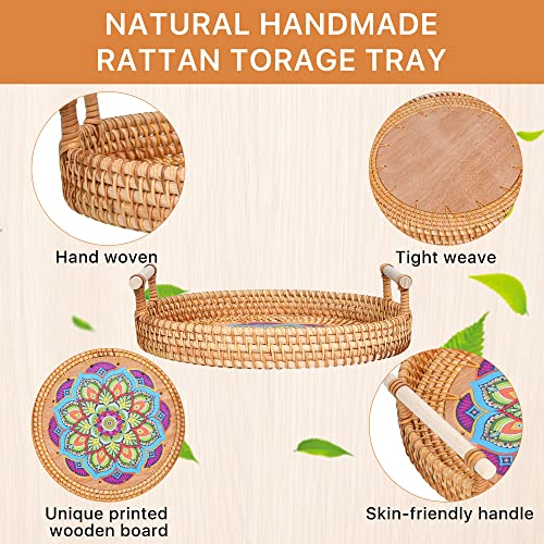 Elesunory Hand-Woven Rattan Serving Tray, Rattan Round Serving Tray with Handle, Coffee Tray Decor for Serving Coffee, Drinks, Bread, Fruit, Vegetables, Snacks