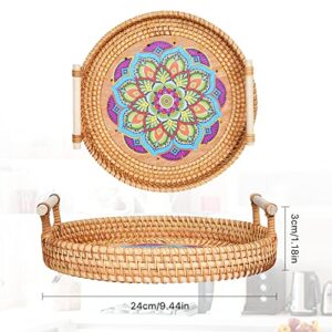 Elesunory Hand-Woven Rattan Serving Tray, Rattan Round Serving Tray with Handle, Coffee Tray Decor for Serving Coffee, Drinks, Bread, Fruit, Vegetables, Snacks