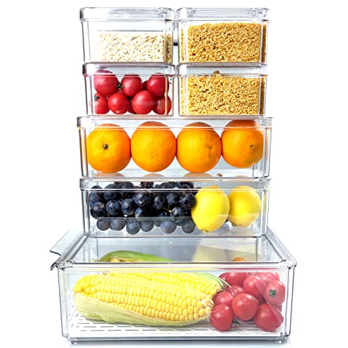 Fridge Organizer with Lid, Set of 7 Stackable Plastic Organizer Bins, and Removable Drain Tray Vegetable Storage Containers for Refrigerator, for Freezer, Cabinet, Kitchen Pantry Organization (7 pack)