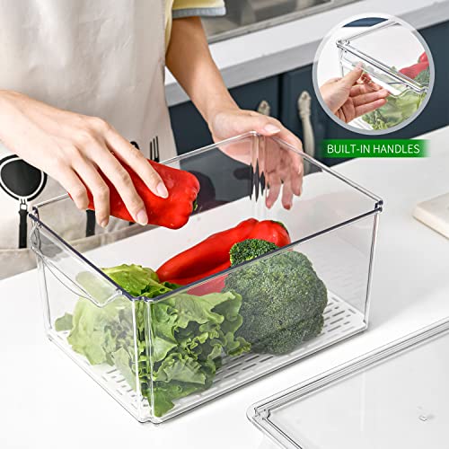 Fridge Organizer with Lid, Set of 7 Stackable Plastic Organizer Bins, and Removable Drain Tray Vegetable Storage Containers for Refrigerator, for Freezer, Cabinet, Kitchen Pantry Organization (7 pack)