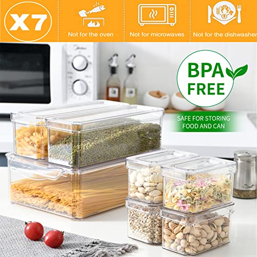 Fridge Organizer with Lid, Set of 7 Stackable Plastic Organizer Bins, and Removable Drain Tray Vegetable Storage Containers for Refrigerator, for Freezer, Cabinet, Kitchen Pantry Organization (7 pack)