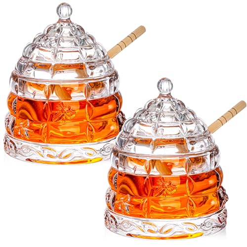 Hacaroa 2 Pack 10 Oz Glass Honey Pot with Lid and Wooden Dipper, Clear Honey Jar Beehive Honey Dish Dispenser Container for Jam Jelly, Home Kitchen, Wedding Gifts, Candlesticks, Barware