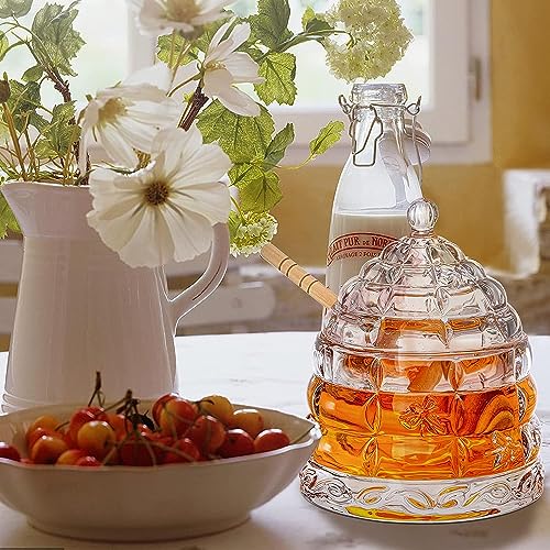 Hacaroa 2 Pack 10 Oz Glass Honey Pot with Lid and Wooden Dipper, Clear Honey Jar Beehive Honey Dish Dispenser Container for Jam Jelly, Home Kitchen, Wedding Gifts, Candlesticks, Barware