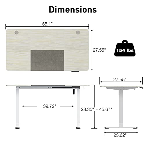 WOKA 55 x 28 Inch Electric Standing Desk, Height Adjustable Stand Up Desk, Sit Stand Desk with Memory Controllers, Adjustable Desks for Home Office with White and Grey Top and White Frame