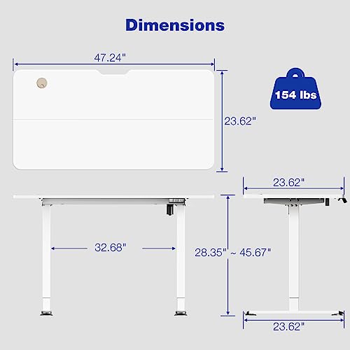 WOKA Electric Standing Desk 48 x 24 Inch, Adjustable Height Stand Up Desk with Memory Controller, Adjustable Desks for Home Office, Sit Stand Desk White with Splice Board, Motorized Standing Desk