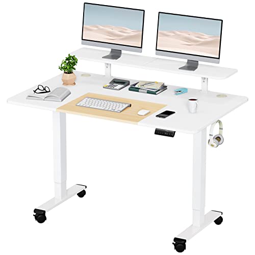 WOKA 55 x 28 Inch Electric Standing Desk with Wheels, Height Adjustable Stand up Desk with a Monitor Stand Riser, Standing Computer Desk with Memory Controllers, Adjustable Desks for Home Office