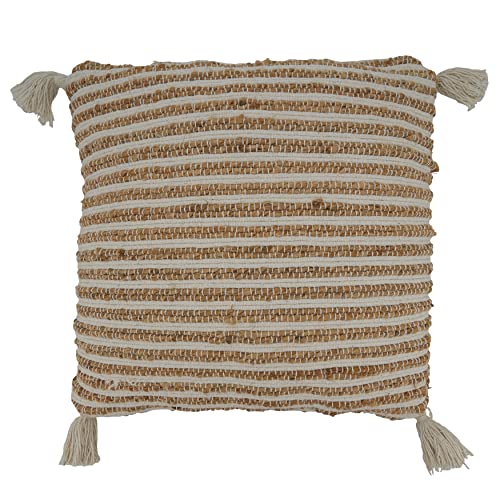 SARO LIFESTYLE Striped Tassel Throw Pillow with Poly Filling, White, 20"