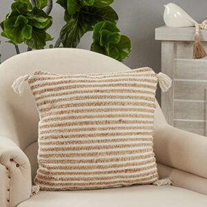 SARO LIFESTYLE Striped Tassel Throw Pillow with Poly Filling, White, 20"