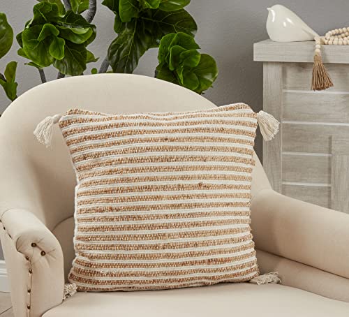 SARO LIFESTYLE Striped Tassel Throw Pillow with Poly Filling, White, 20"