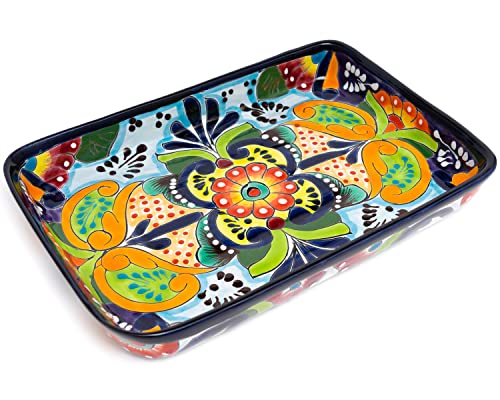 Enchanted Talavera Pottery Mexican Hand Painted Ceramic Rectangle Serving Platter Dish Appetizer Plate Tray Food Mexican Floral Pattern Thanksgiving Holiday Party Fiesta (Large 13.2 x 9 x 2, Multi)