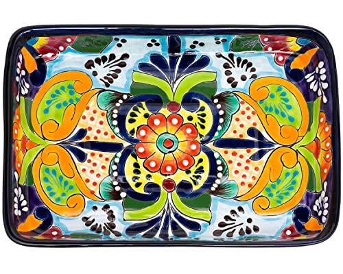 Enchanted Talavera Pottery Mexican Hand Painted Ceramic Rectangle Serving Platter Dish Appetizer Plate Tray Food Mexican Floral Pattern Thanksgiving Holiday Party Fiesta (Large 13.2 x 9 x 2, Multi)