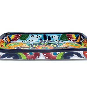 Enchanted Talavera Pottery Mexican Hand Painted Ceramic Rectangle Serving Platter Dish Appetizer Plate Tray Food Mexican Floral Pattern Thanksgiving Holiday Party Fiesta (Large 13.2 x 9 x 2, Multi)