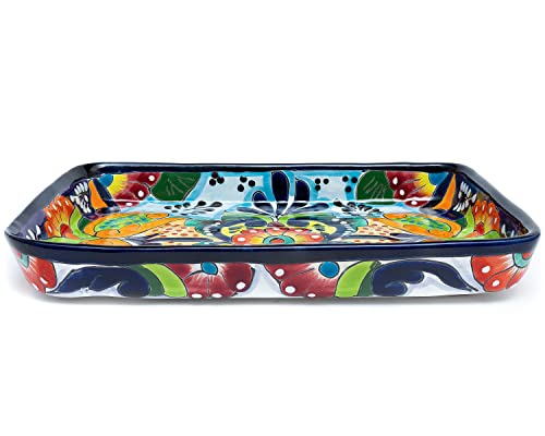 Enchanted Talavera Pottery Mexican Hand Painted Ceramic Rectangle Serving Platter Dish Appetizer Plate Tray Food Mexican Floral Pattern Thanksgiving Holiday Party Fiesta (Large 13.2 x 9 x 2, Multi)