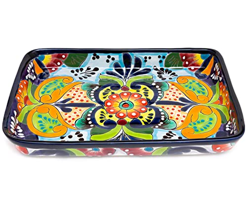 Enchanted Talavera Pottery Mexican Hand Painted Ceramic Rectangle Serving Platter Dish Appetizer Plate Tray Food Mexican Floral Pattern Thanksgiving Holiday Party Fiesta (Large 13.2 x 9 x 2, Multi)