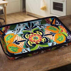 Enchanted Talavera Pottery Mexican Hand Painted Ceramic Rectangle Serving Platter Dish Appetizer Plate Tray Food Mexican Floral Pattern Thanksgiving Holiday Party Fiesta (Large 13.2 x 9 x 2, Multi)