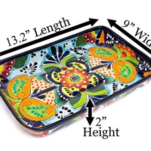 Enchanted Talavera Pottery Mexican Hand Painted Ceramic Rectangle Serving Platter Dish Appetizer Plate Tray Food Mexican Floral Pattern Thanksgiving Holiday Party Fiesta (Large 13.2 x 9 x 2, Multi)