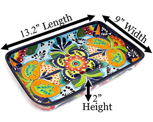 Enchanted Talavera Pottery Mexican Hand Painted Ceramic Rectangle Serving Platter Dish Appetizer Plate Tray Food Mexican Floral Pattern Thanksgiving Holiday Party Fiesta (Large 13.2 x 9 x 2, Multi)