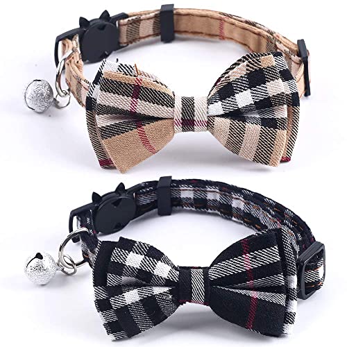 SuperBuddy Cat Collars Breakaway with Cute Bow Bell - 2 Pack Kitten Collar Plaid Cat Collar with Removable Bowtie for Cats Kittens