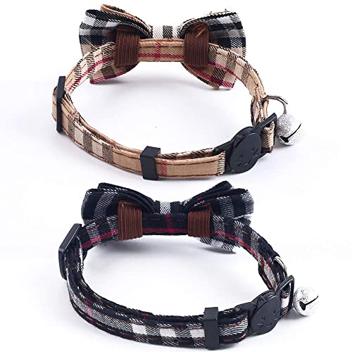 SuperBuddy Cat Collars Breakaway with Cute Bow Bell - 2 Pack Kitten Collar Plaid Cat Collar with Removable Bowtie for Cats Kittens