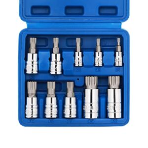 casoman 10pcs 1/4-inch, 3/8-inch & 1/2-inch drive xzn triple square spline bit socket set, m4-m18, 12 point tamper proof, cr-v sockets and s2 steel bits