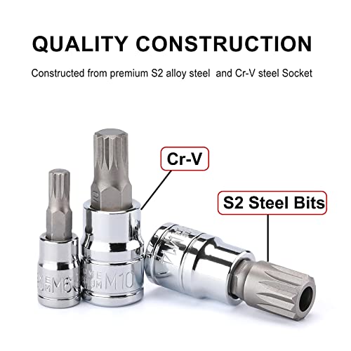 CASOMAN 10PCS 1/4-Inch, 3/8-Inch & 1/2-Inch Drive XZN Triple Square Spline Bit Socket Set, M4-M18, 12 Point Tamper Proof, Cr-V Sockets and S2 Steel Bits